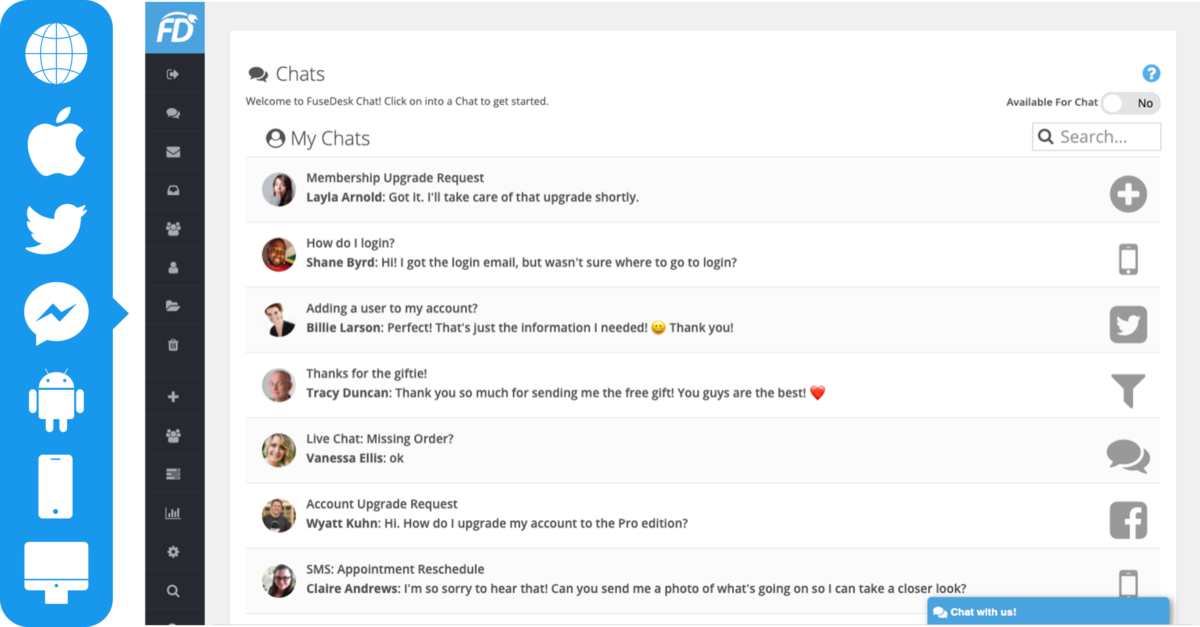 Free Live Chat and Messaging right in your Help Desk with FuseDesk